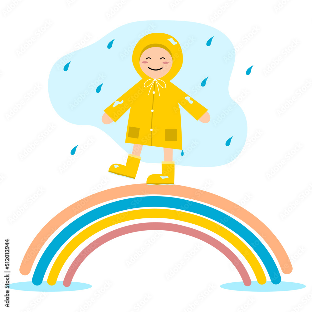 Cute kid girl happy smile wearing yellow raincoat and boots walking on ...