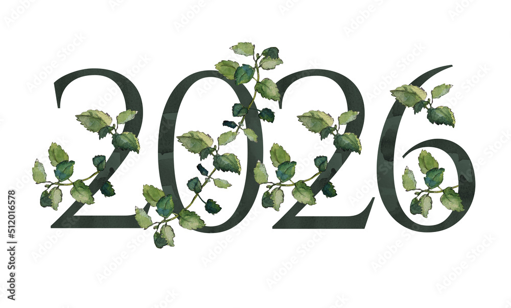 Year 2026 watercolor floral monogram with melissa twigs, isolated on ...