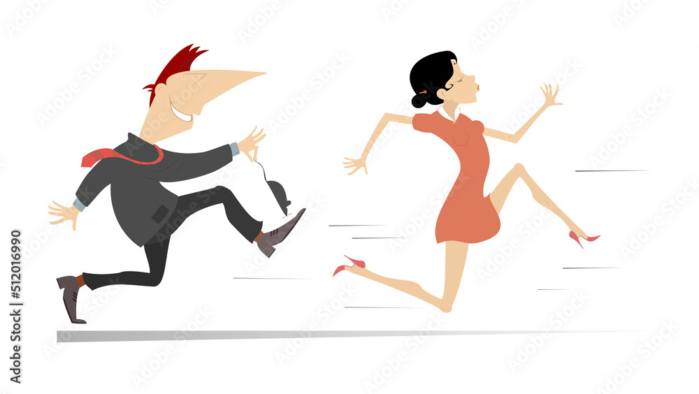 Man, scared woman and mouse. Young scared woman runs away from the man ...