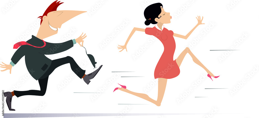 Man, scared woman and mouse. Young scared woman runs away from the man ...