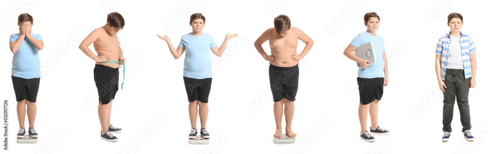 Collage of overweight boy on white background Stock Photo | Adobe Stock