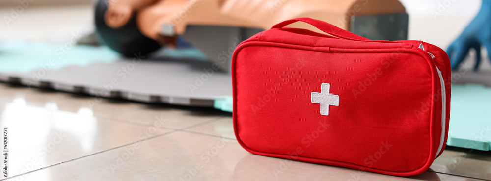 Medical kit on floor at first aid training courses Stock Photo | Adobe ...