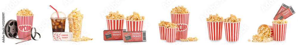 Set of tasty popcorn with cold cola, cinema tickets and film reel on ...