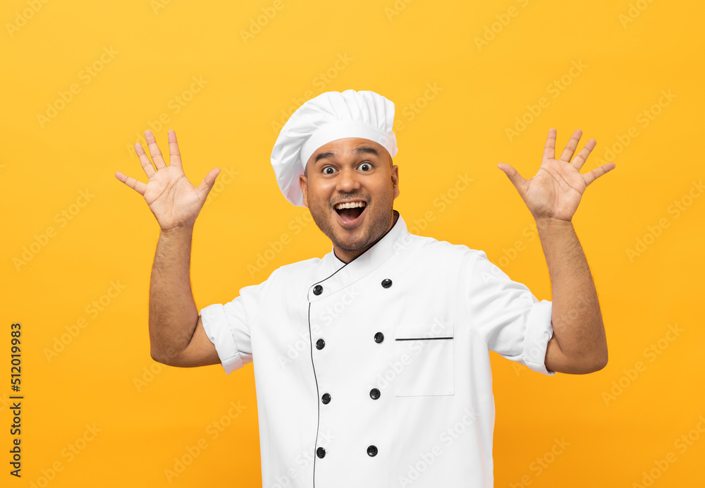 Wow excited face Young handsome asian man chef in uniform with hat ...