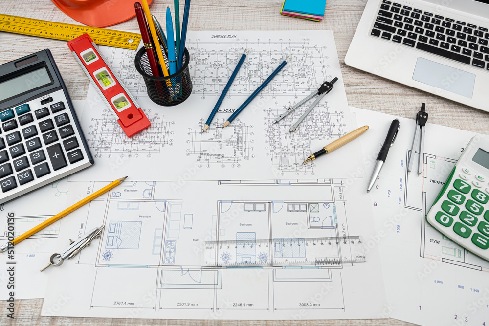 Top view drawing of the architects of a modern house with a sample ...