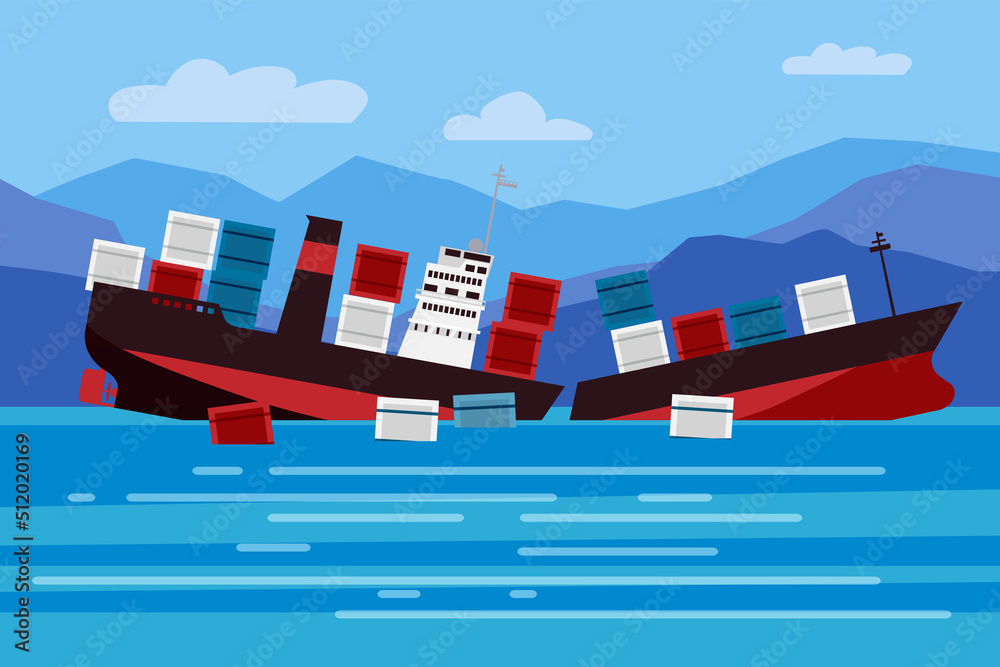 Wreck of the ship of cargo in ocean, vessel going under water and goods ...