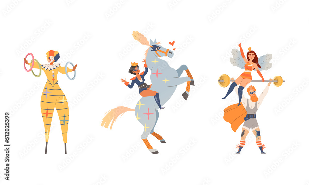 Artists performing at circus show set. Strongman lifting dumbbell, girl ...