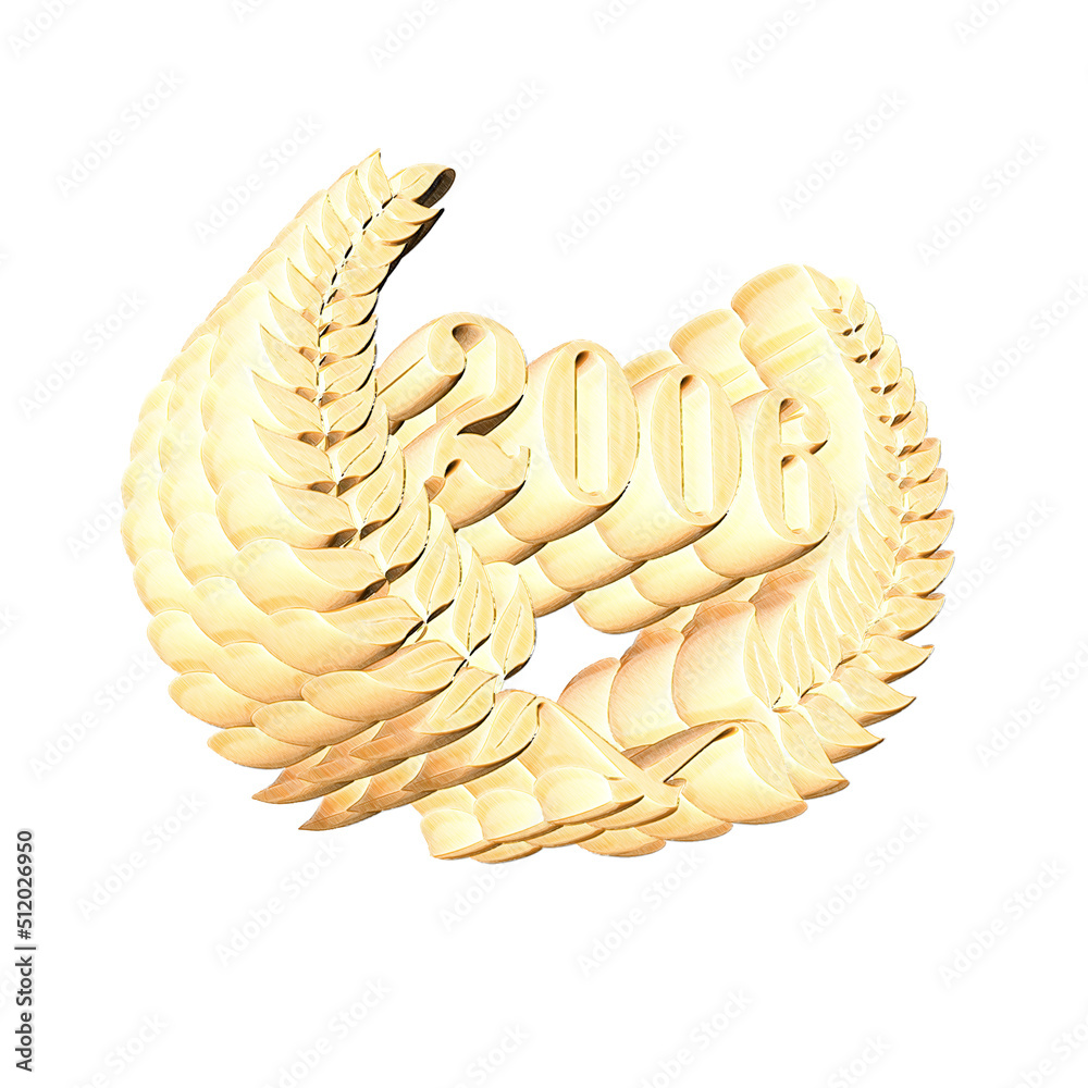Zahl 2006 mit Lorbeerkranz, Ehrenkranz, Siegerkranz als 3D-Illustration, 3D-Rendering, 3D ...