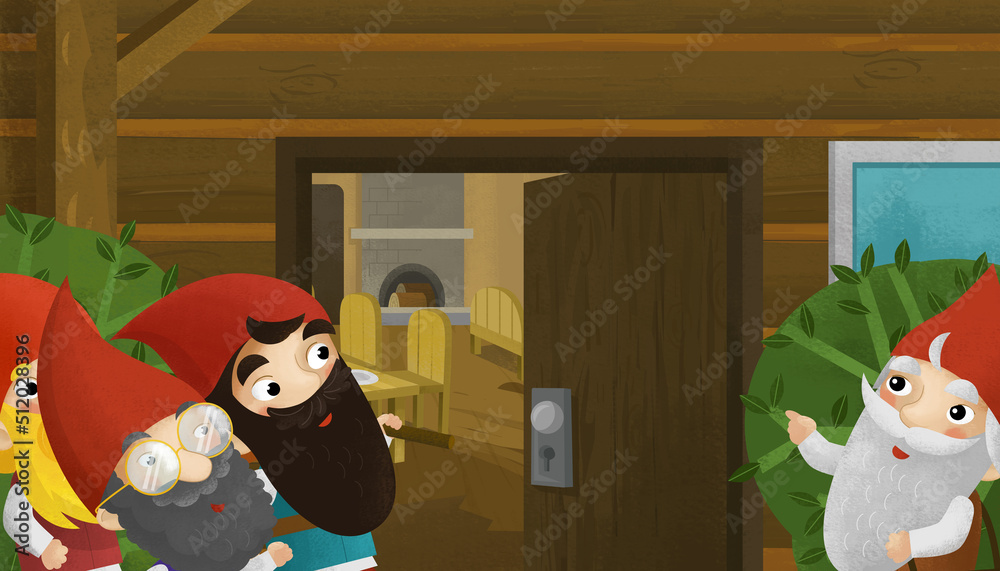 cartoon scene with dwarfs in the room illustration Stock Illustration ...