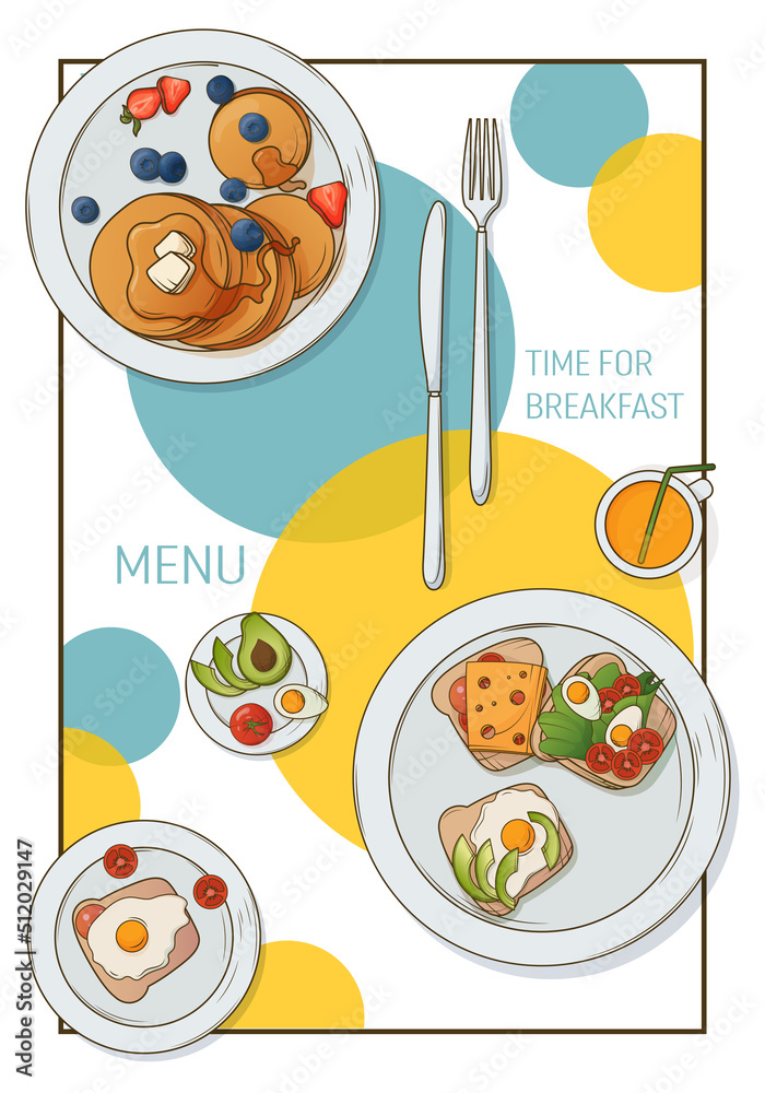 Vector background poster with illustration breakfasts: sandwiches ...