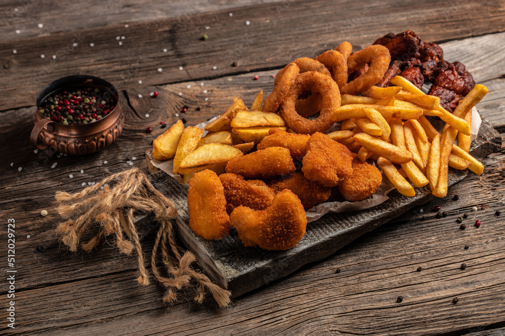 take away fast food products fried chicken with french fries and ...