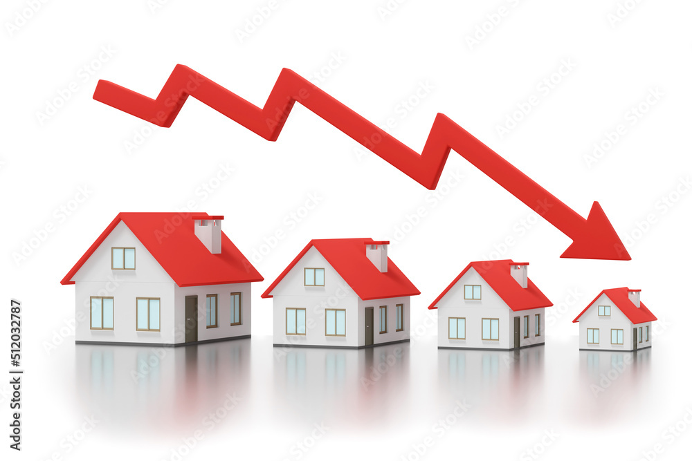 House prices falling concept. Declining real estate price graph red ...