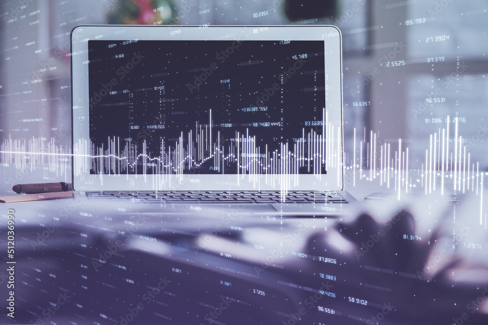 Forex market chart hologram and personal computer background. Multi ...