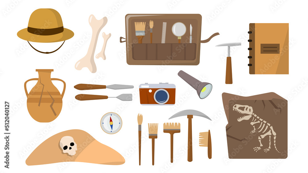 Set of colorful archaeological tools in cartoon style. Vector illustration of brushes ...