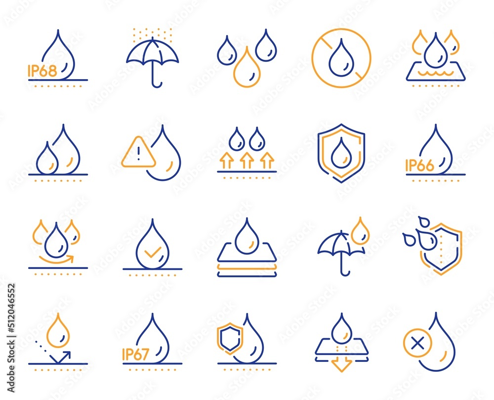 Waterproof line icons. Durable fabric surface, ip68 protection and ...