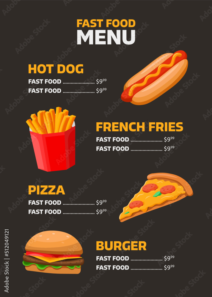 Fast food menu template on black background in cartoon vector style ...