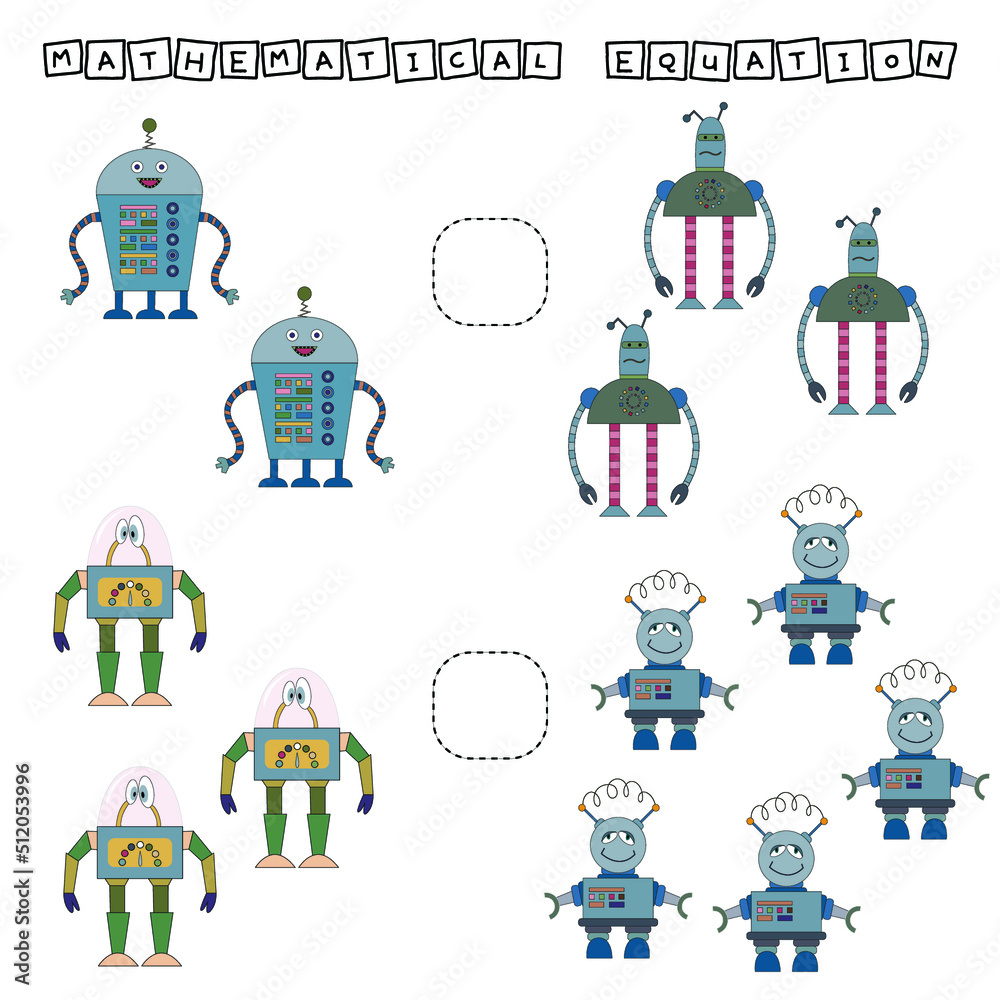Which is greater, less or equal game with funny robots. Worksheet for ...