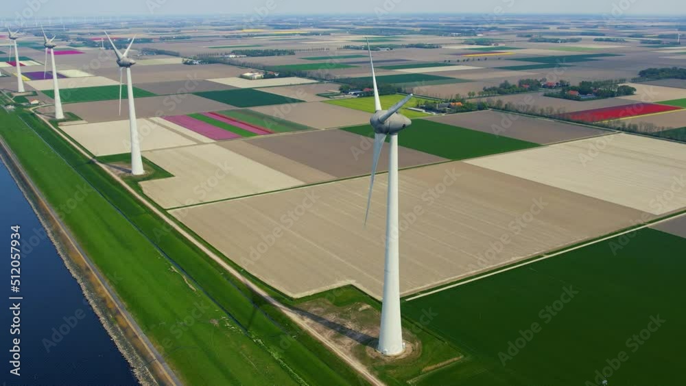Aerial view of wind turbines in Netherlands. Working offshore wind farm ...