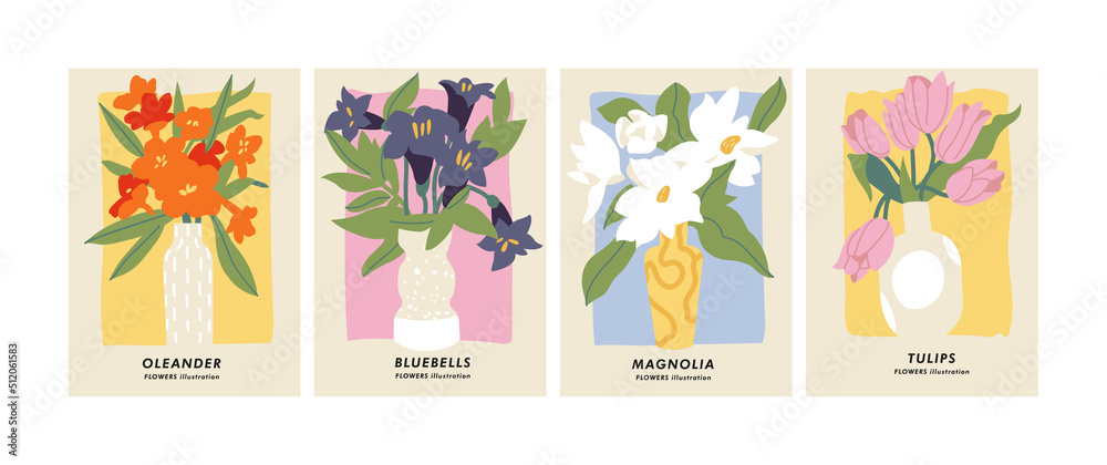 Vector illustration set of botanical posters different flowers. Art for ...