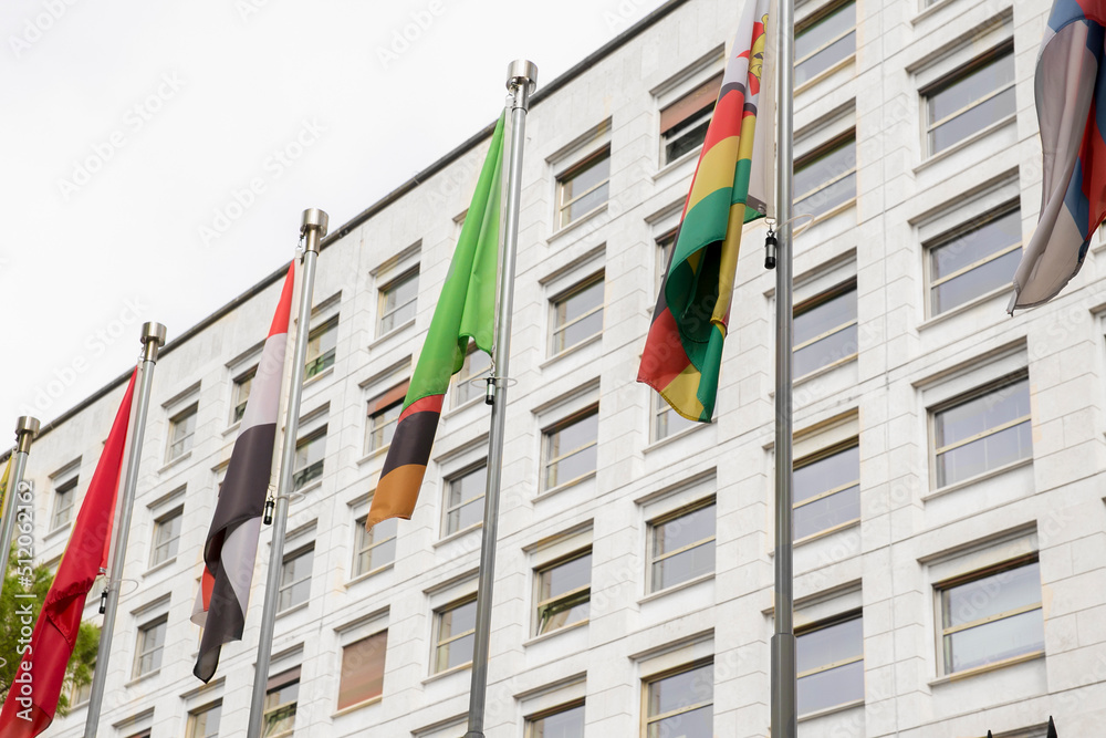 Detail of flags displayed in front of the FAO building in Rome, Italy ...