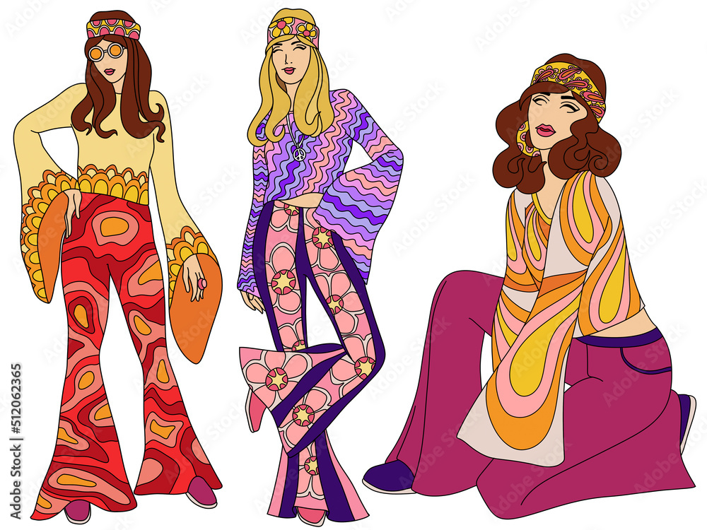 Set of illustrations with women in retro clothes 1960-1970s. hippie era ...