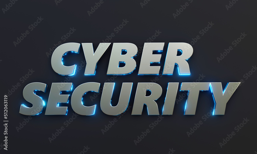 Word "Cyber Security" is written on dark background with cinematic and neon effect. 3D Rendering ...