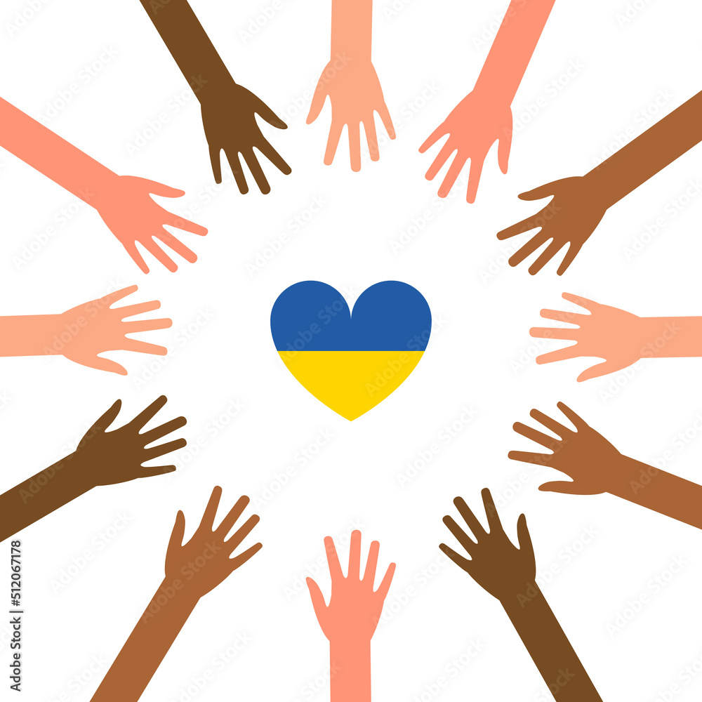 Many hands of different skin colors pull to the heart in the colors of ...
