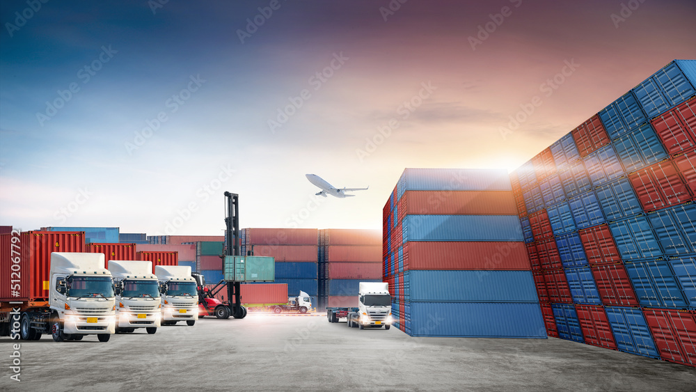 Transport of container handler loading and unloading with truck at ...
