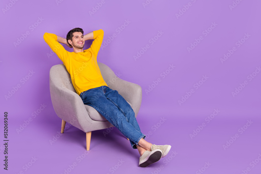 Full length photo of handsome relaxing man sit chair spend free time ...