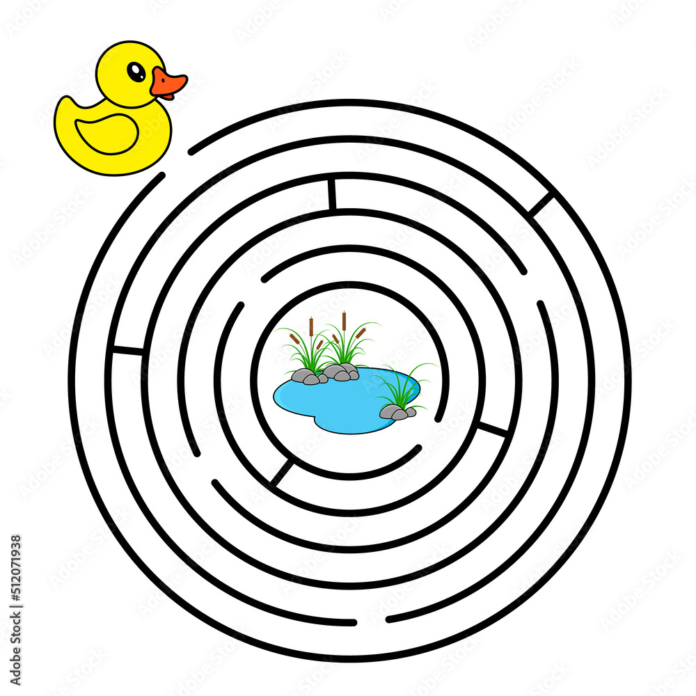 Vector Round Maze. Labyrinth conundrum with duck and pond. Find the ...