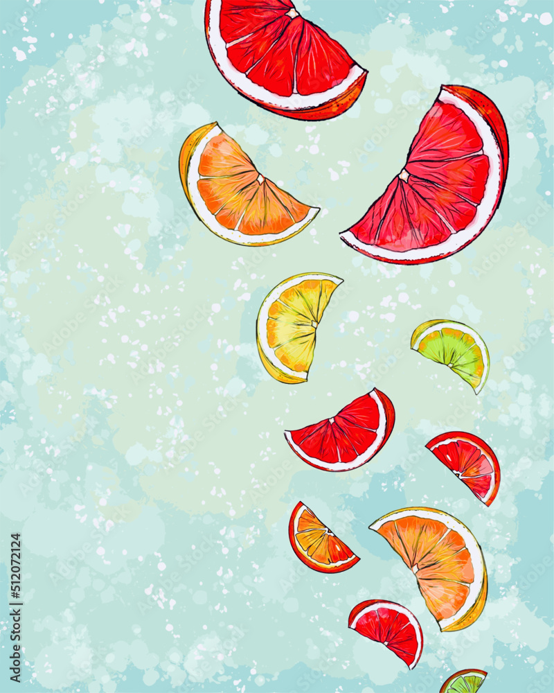 Summer fruits juicy citrus background of lemon, grapefruit and orange slices, hand drawn, vector ...