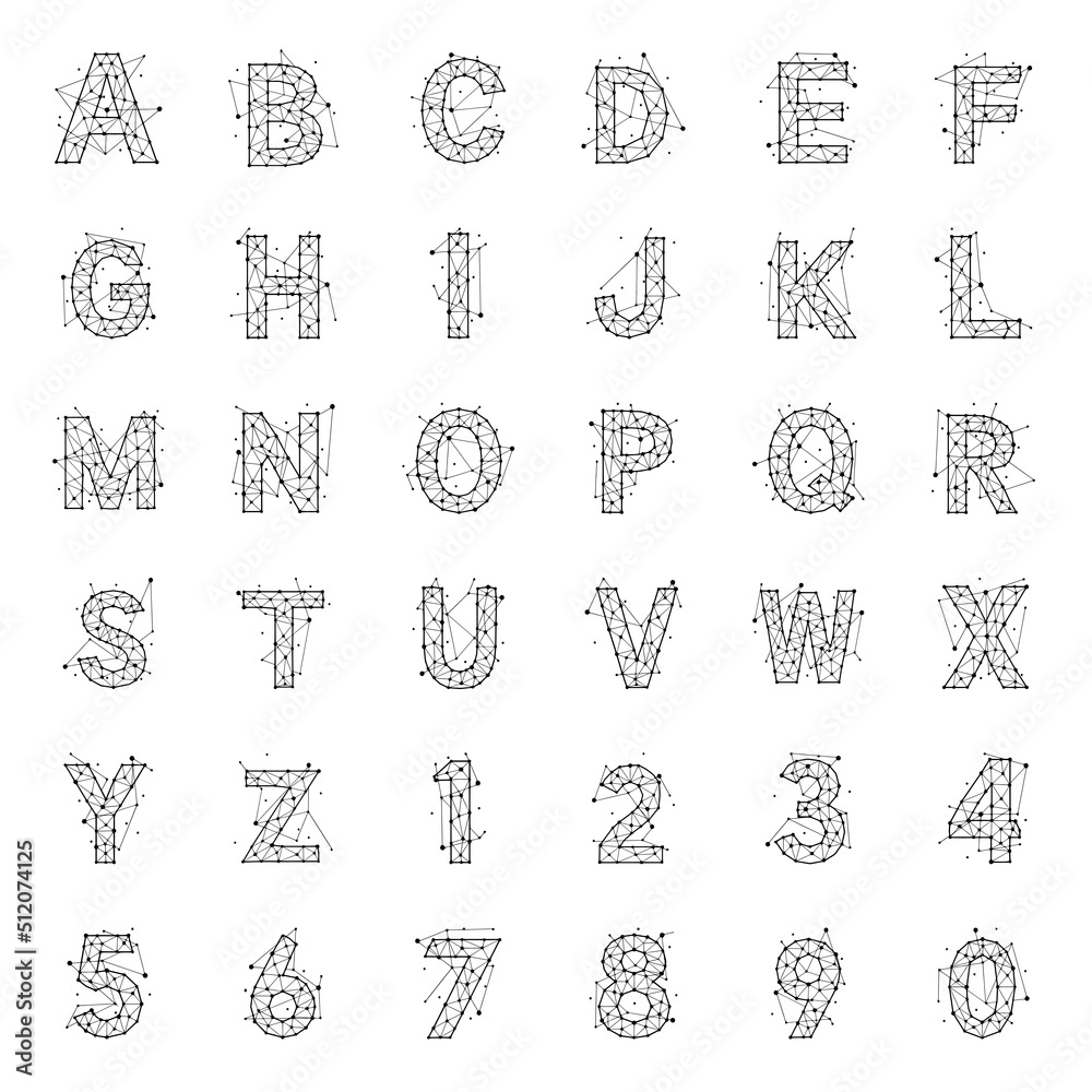 Constellation letters and numbers character made of dots and lines ...