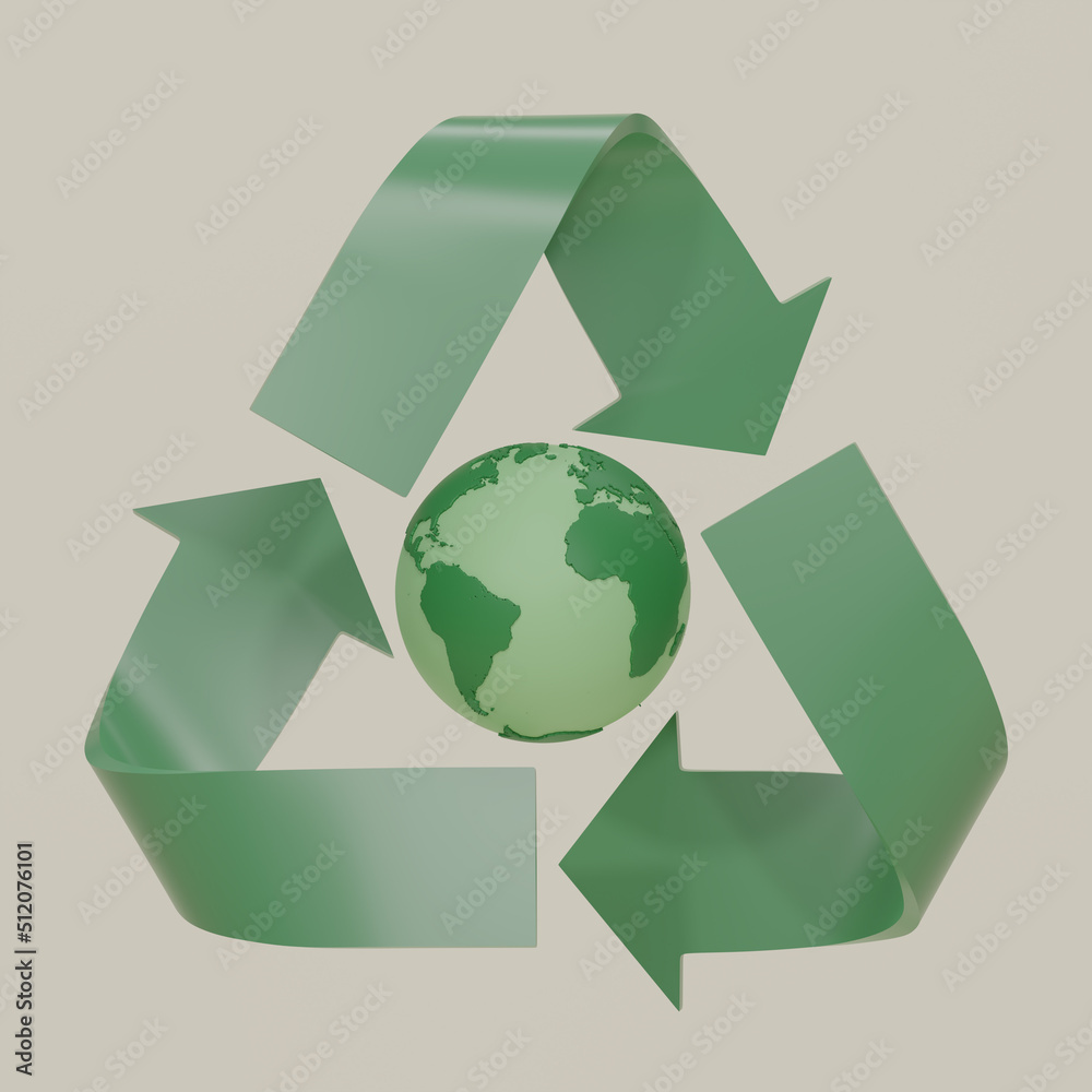 3D render the Earth planet with green Recycle icon isolated on white ...