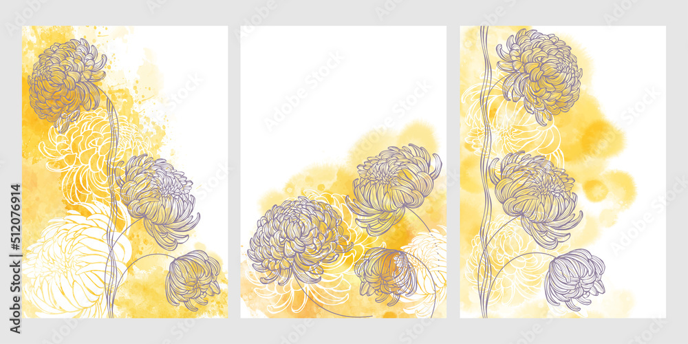 Pre-made design with with chrysanthemum flowers, yellow watercolor ...