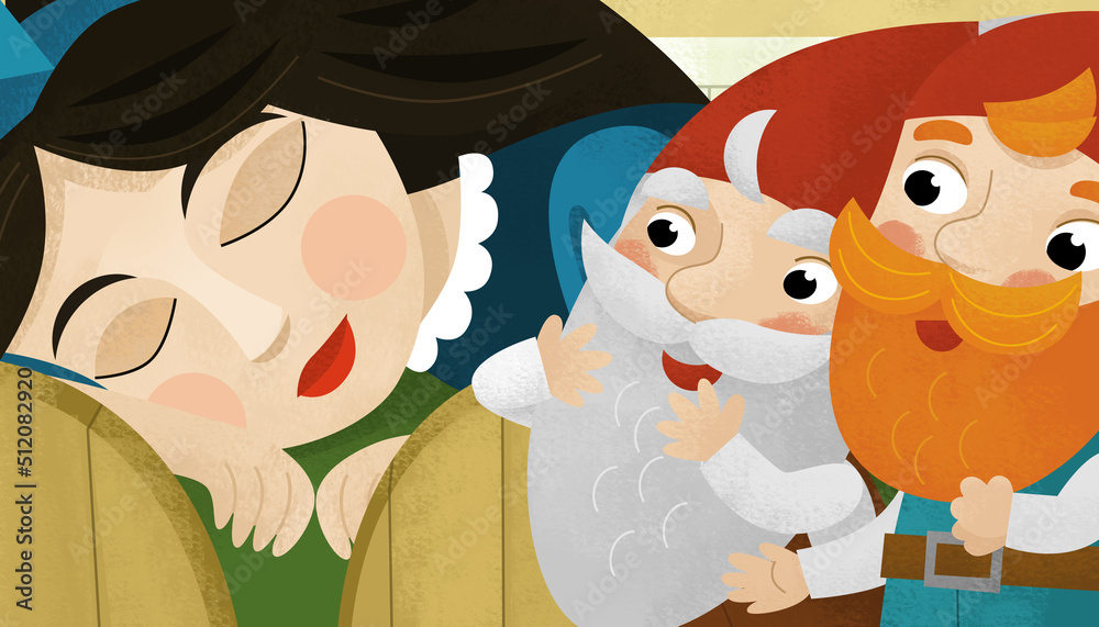 cartoon happy scene with princess and dwarfs in room Stock Illustration ...