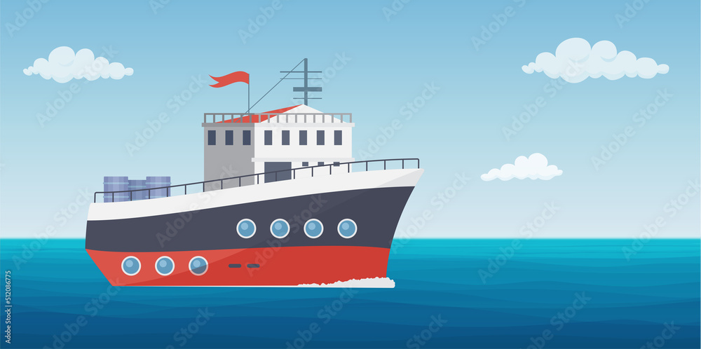 Commercial ship with containers on shipyard in sea or ocean landscape ...