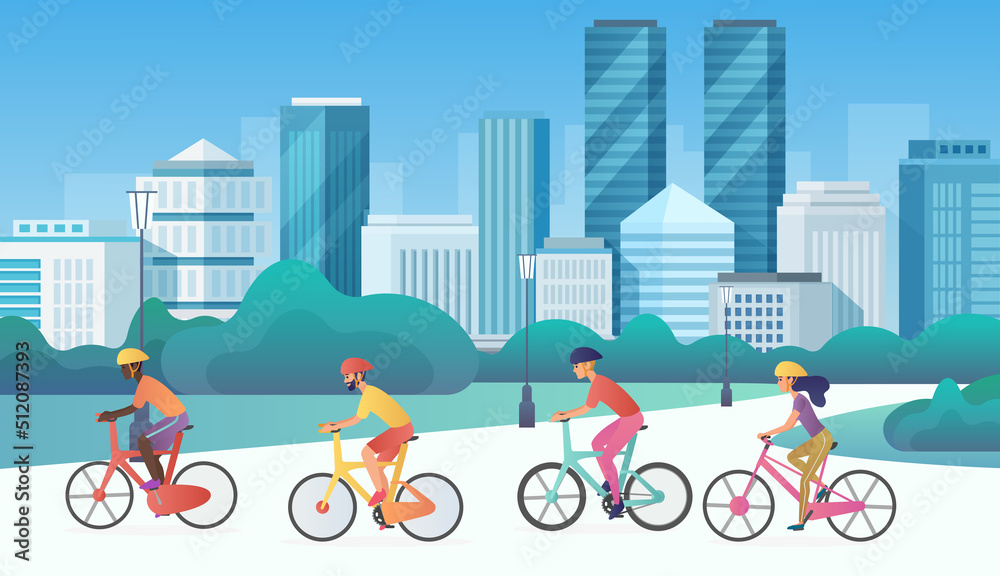 Cyclists ride bikes in modern urban landscape vector illustration ...