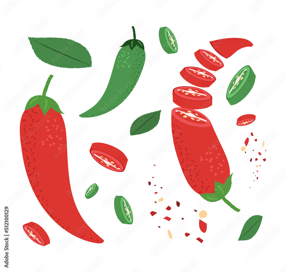 Red and green peppers. Whole chilli, sliced chilli and chilli powder ...