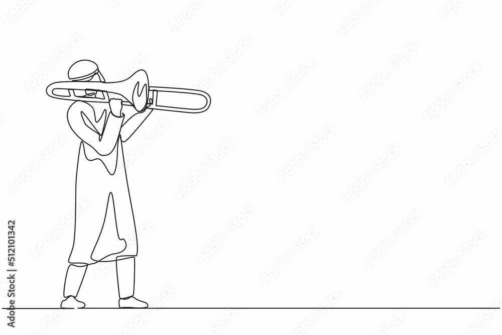 Continuous one line drawing Arabian trombone player. Male performer ...