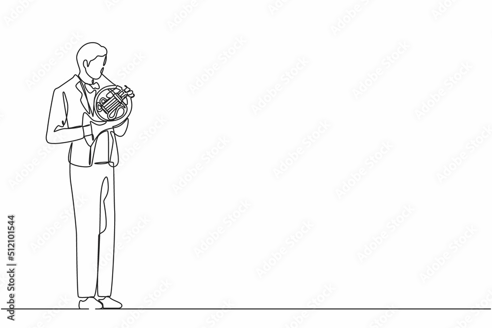 Single continuous line drawing male musician in suit performing classic ...