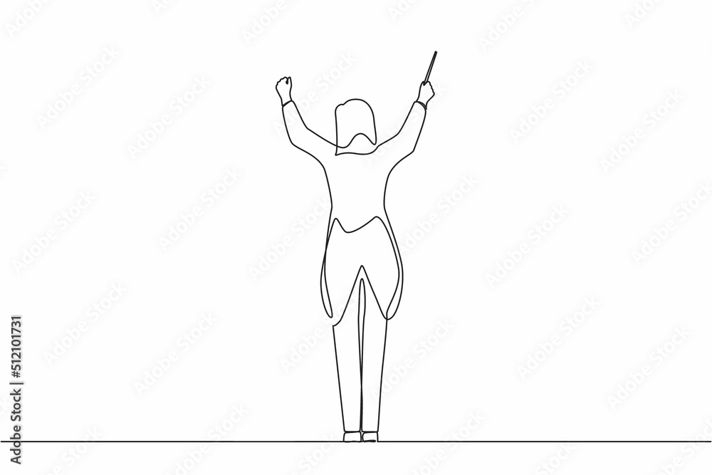 Single continuous line drawing back view woman conductor performing on ...