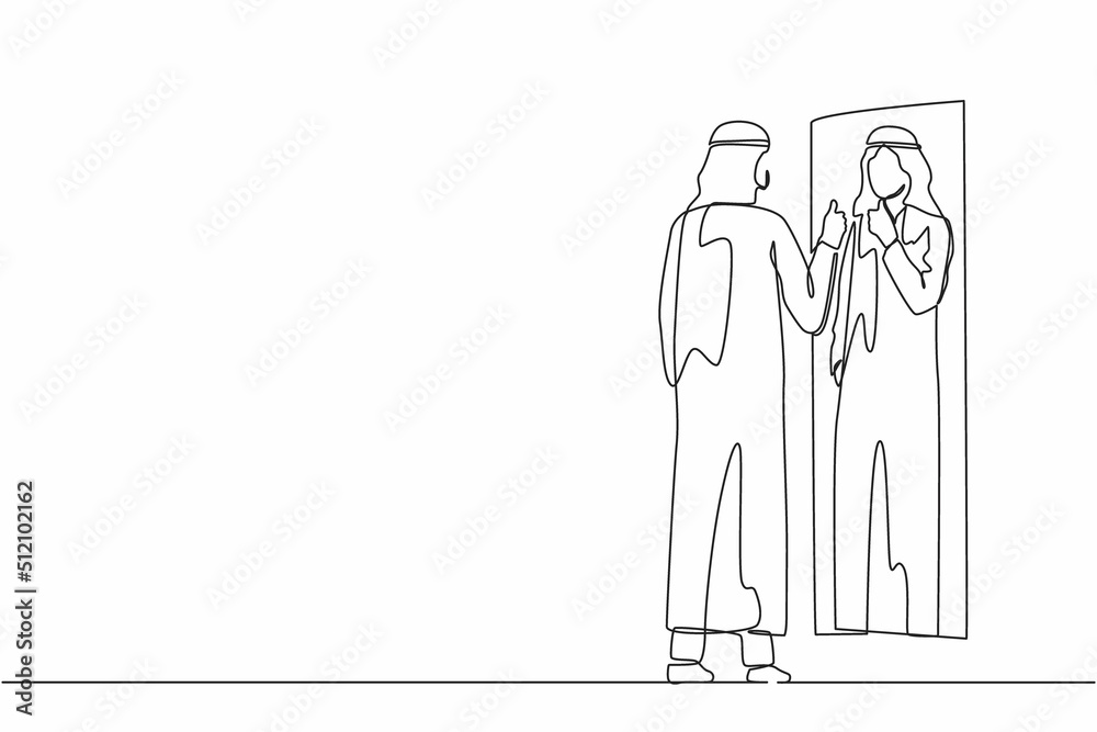 Single continuous line drawing Arabian businessman loves to look at his ...