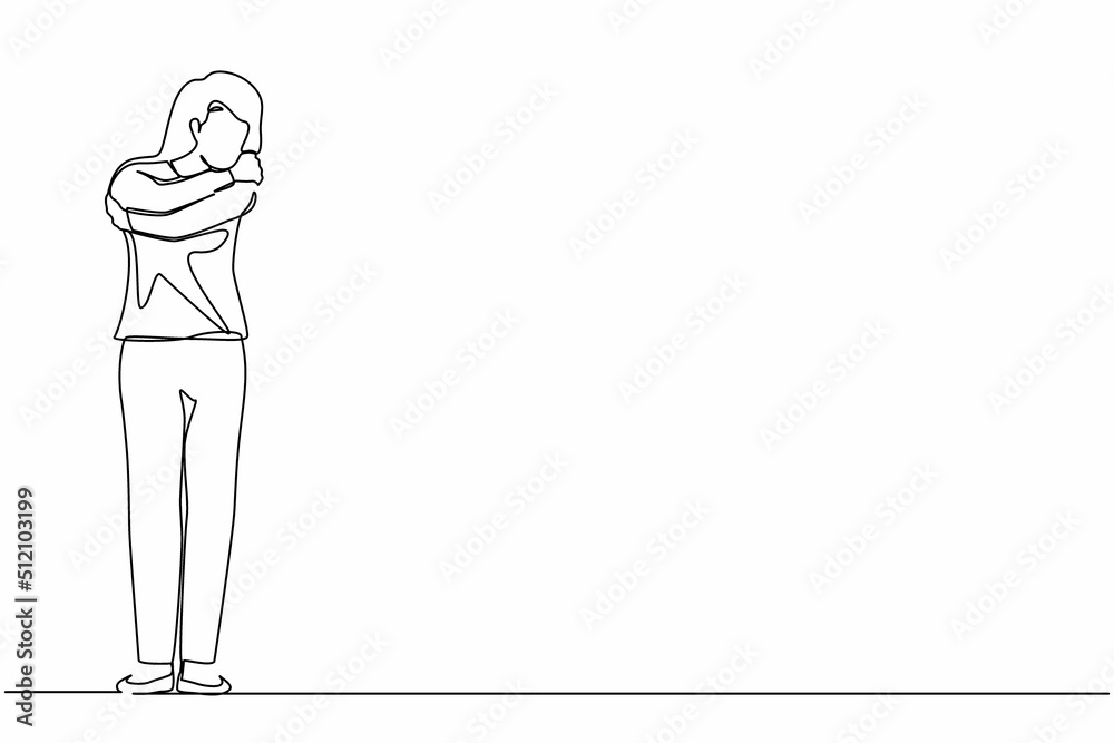Single one line drawing love yourself. Young woman hugging oneself ...