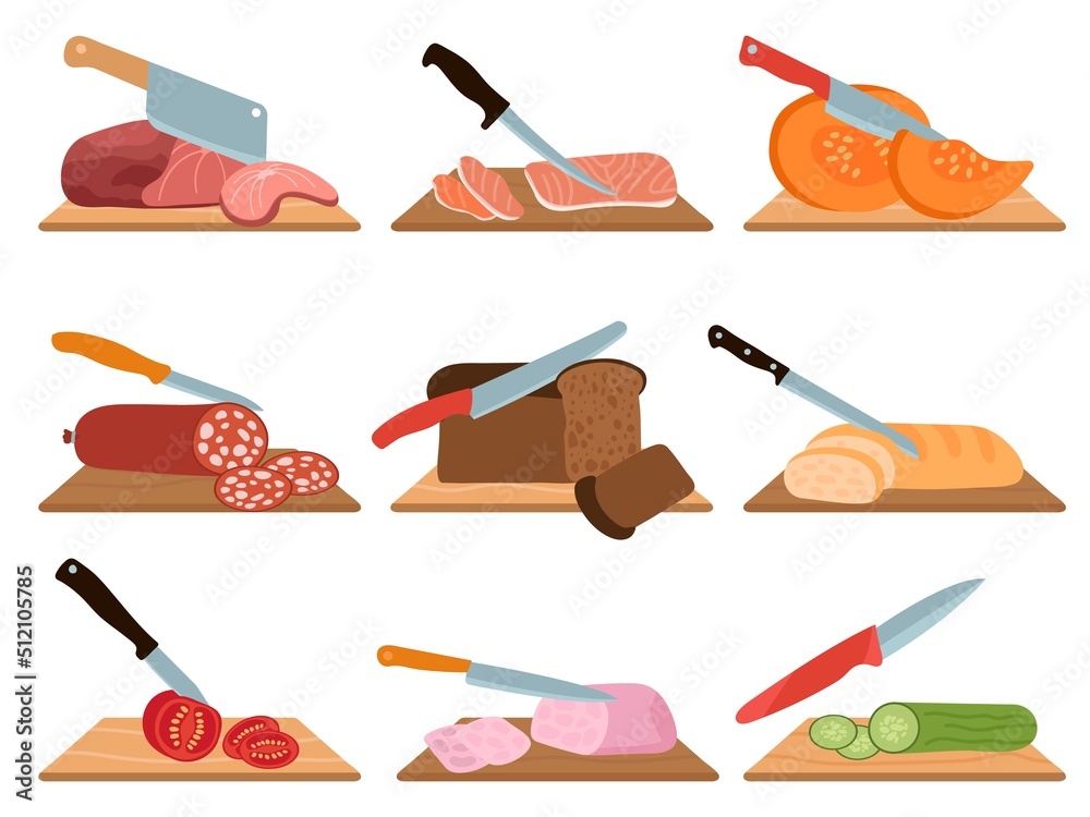 Food cut process. Raw meat and ham, chopped knife vegetables on wood ...