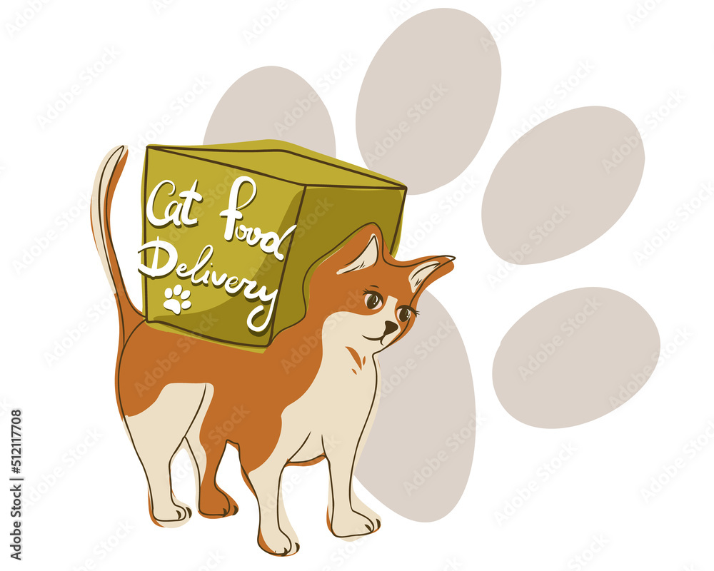 Delivery of cat food. Cartoon red cat with a box on his back. Vector ...