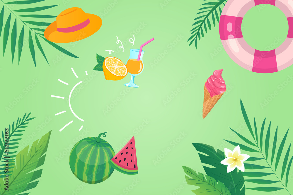 Happy summer background in flat cartoon design. Wallpaper with ...