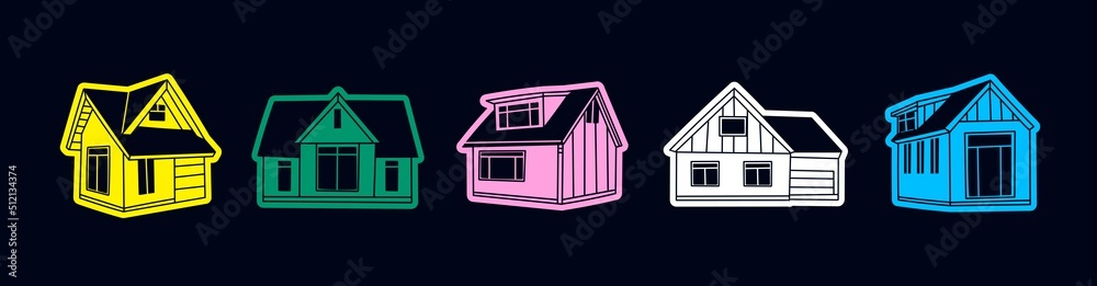 Various Small and tiny houses. Black windows, roofs and doors. Colorful ...