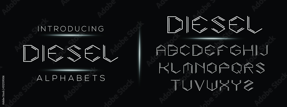 DIESEL alphabet. Outline thin lines font like road, maze, frame ...