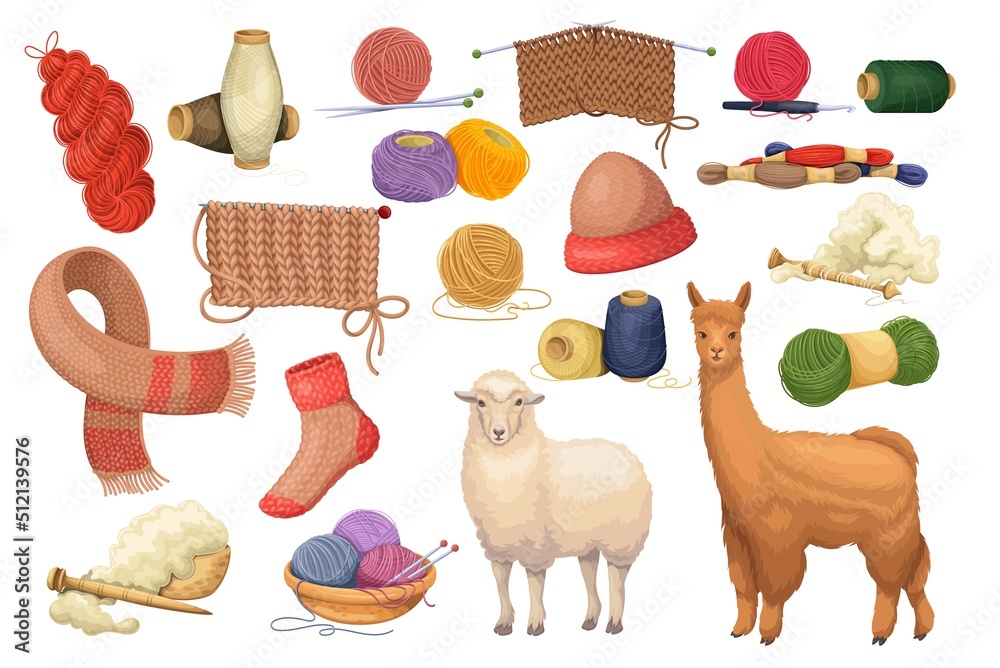 Wool knitting set vector illustration. Cartoon isolated woolen balls ...