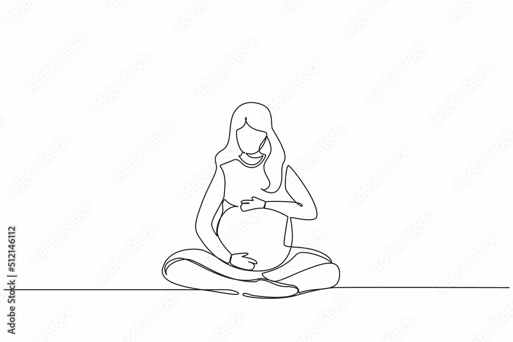 Continuous one line drawing happy young pregnant woman sitting with ...